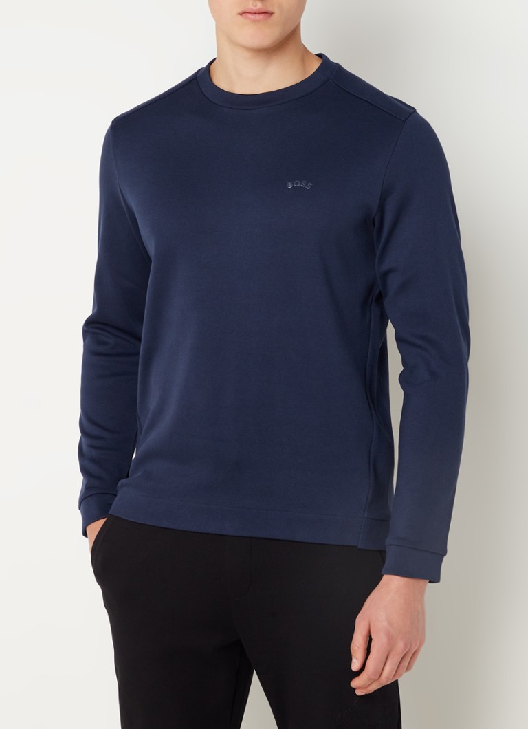 HUGO BOSS Salbo Curved sweater met piqué geweven achterpand • Blauw ...