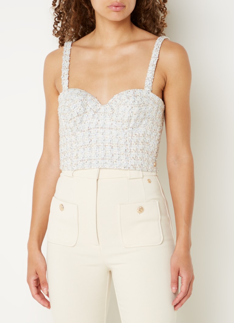 JOSH V Sally cropped top met tweed-look en V-hals • Gebroken wit • de ...