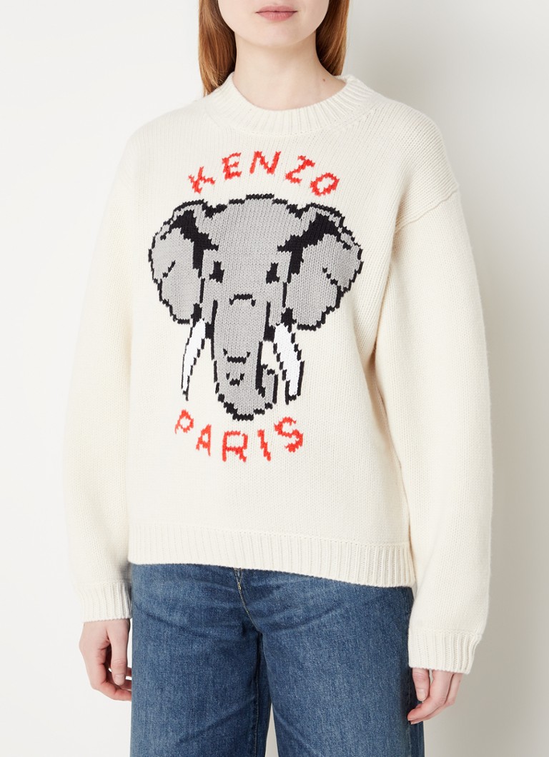 KENZO Elephant trui in wolblend met ingebreid logo • Gebroken wit • de ...