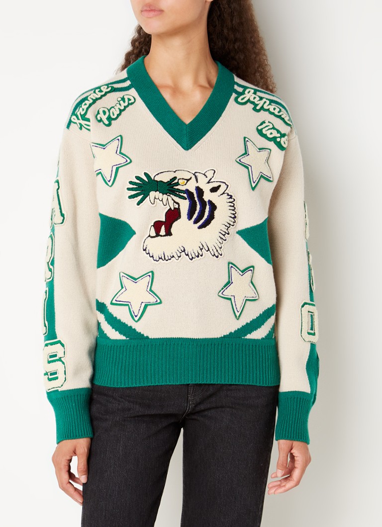 KENZO Fijngebreide trui van merino wol met patches • Groen • de Bijenkorf