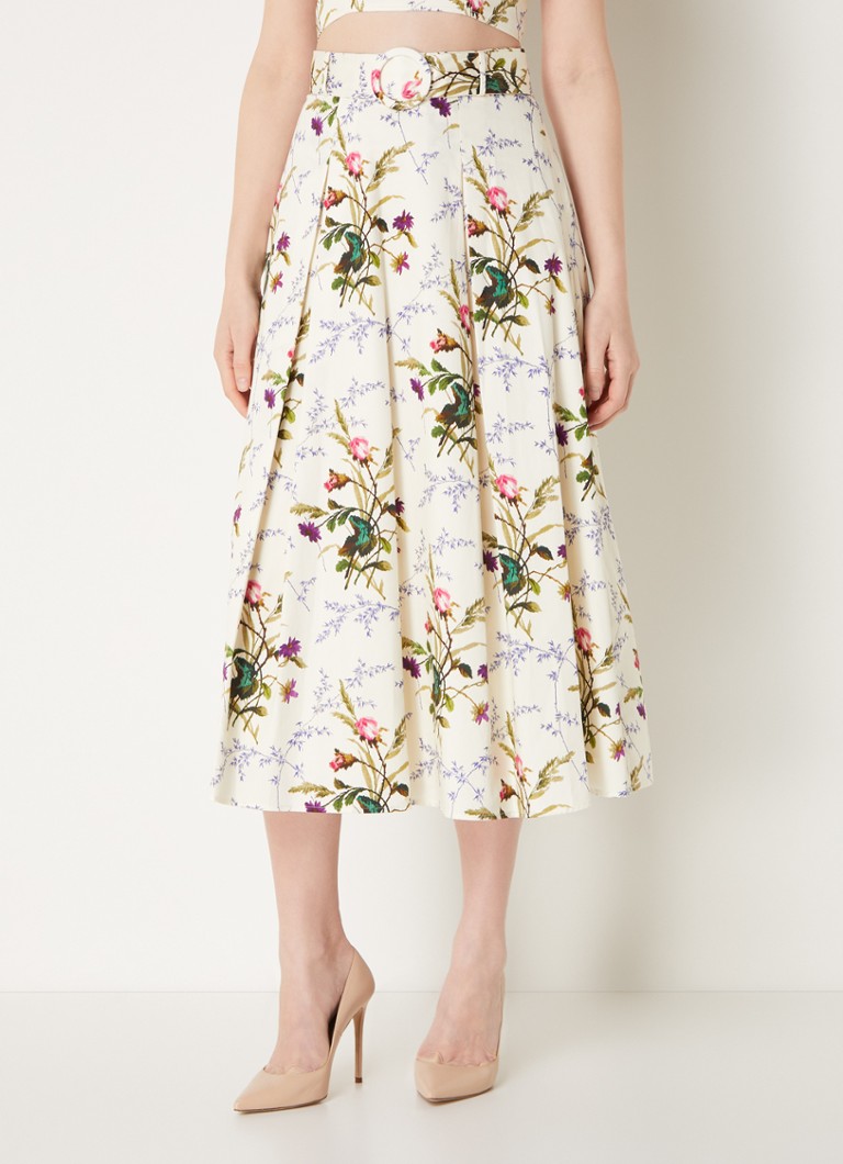 L.K.Bennett Eloise midi rok met bloemenprint en ceintuur • Vanillegeel ...