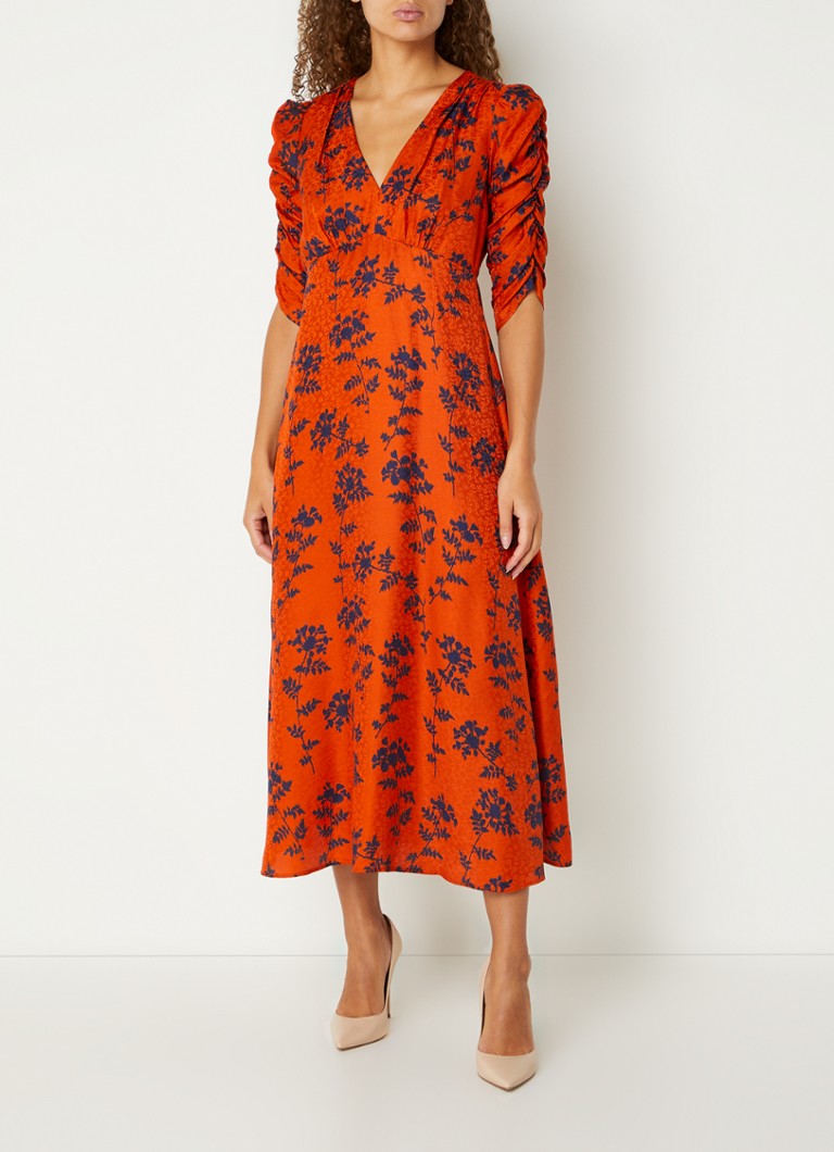 L.K.Bennett Erin midi jurk van zijde met bloemenprint • Oranjerood • de ...