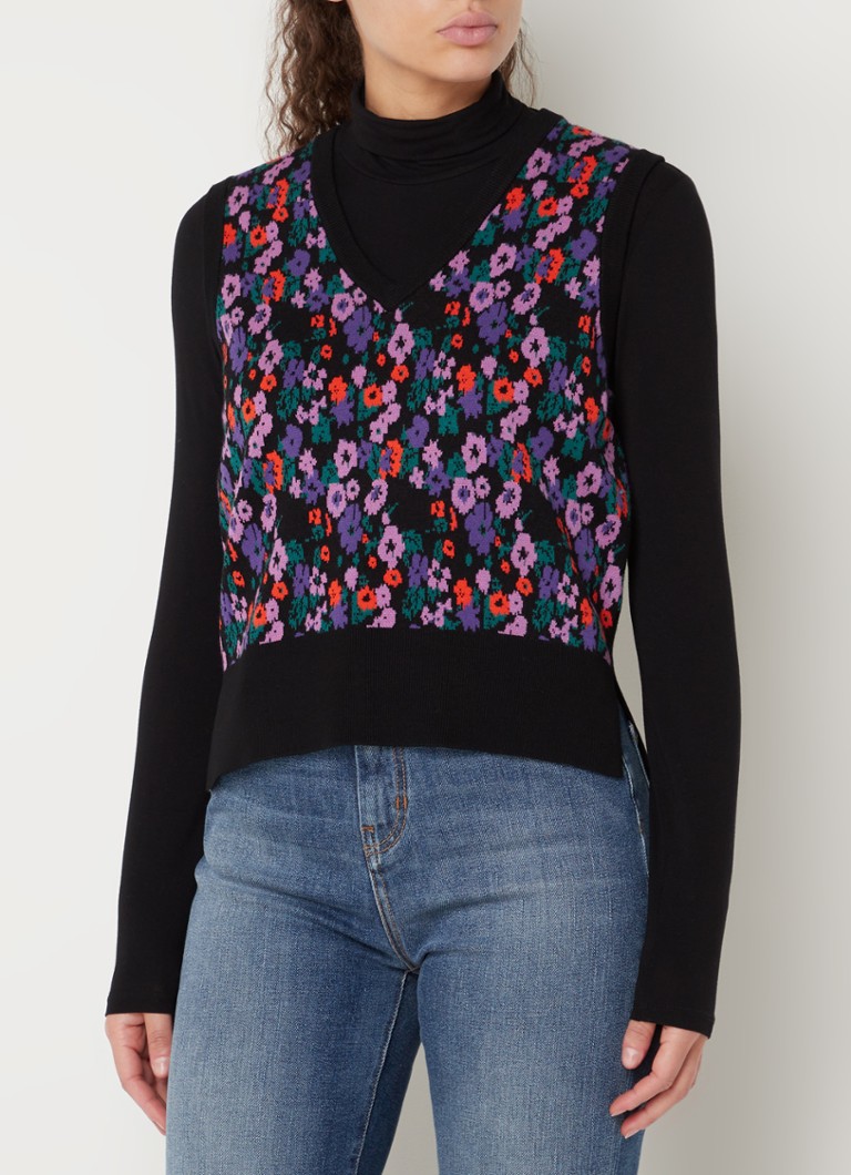 L.K.Bennett Joy fijngebreide spencer met bloemenprint en V-hals • Zwart ...