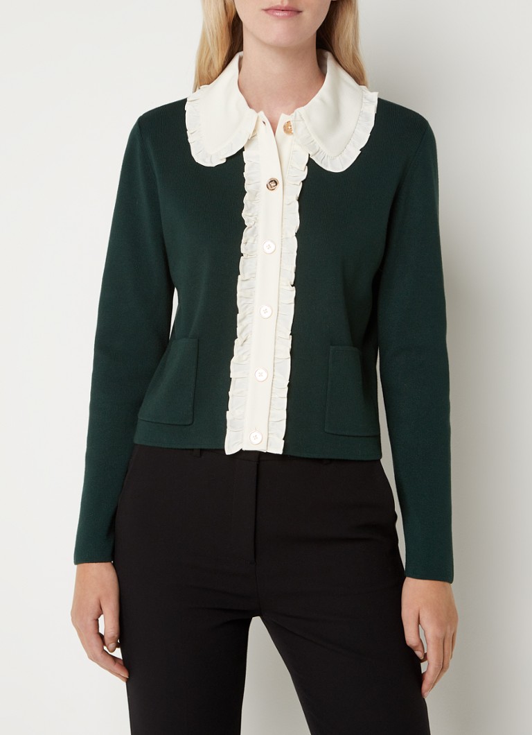 L.K.Bennett Paris fijngebreid vest met kraag en ruches • Donkergroen ...