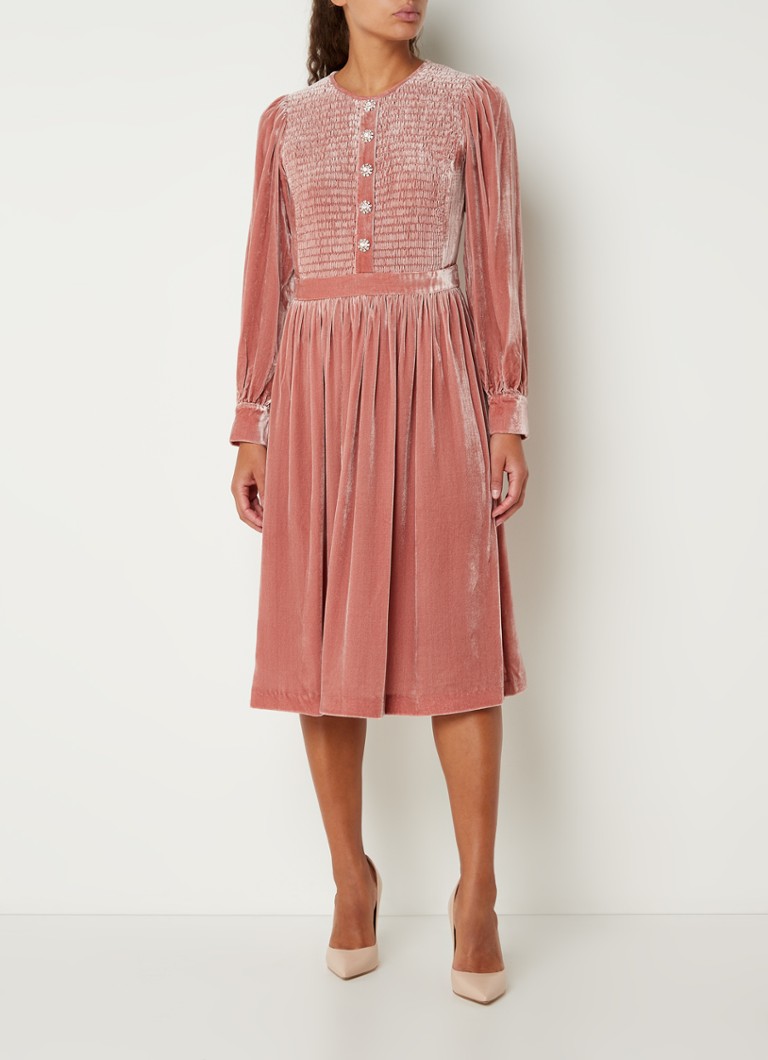 L.K.Bennett Sigrid midi jurk in zijdeblend met smockwerk • Lichtroze ...