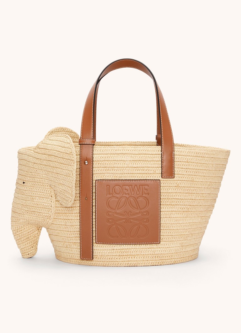 LOEWE Elephant handtas van raffia met kalfsleren details • Roestbruin ...