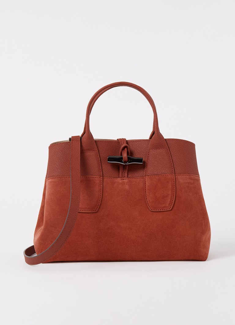 Longchamp Roseau handtas M van suède met leren details • Rood • de ...