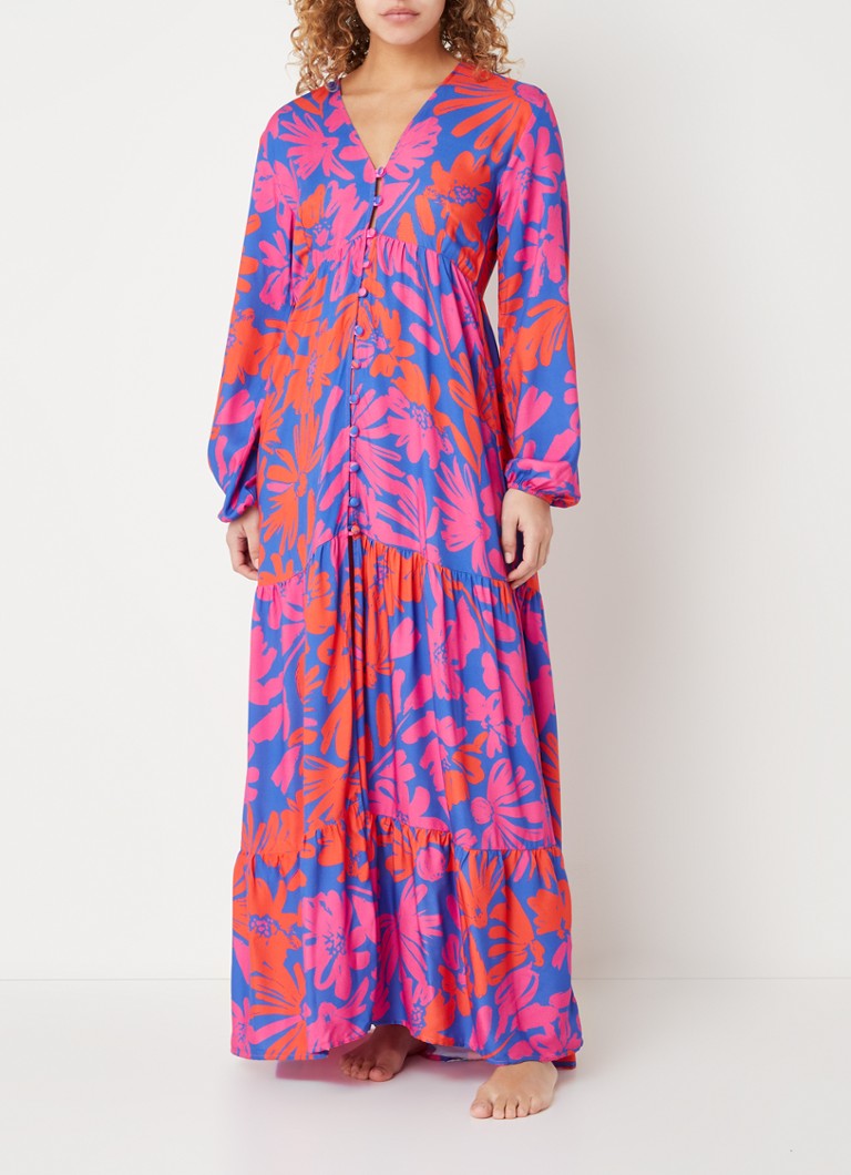 MAAJI Luna maxi strandjurk met bloemenprint en split • Blauw • de Bijenkorf