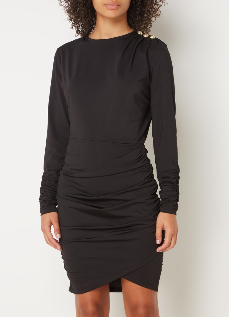 NIKKIE Drape mini jurk met plooidetail en sierknopen • Zwart • de Bijenkorf