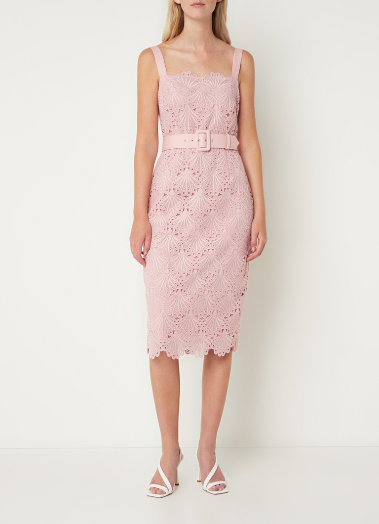 Phase Eight Carrie midi jurk met broderie en ceintuur • Roze • de Bijenkorf