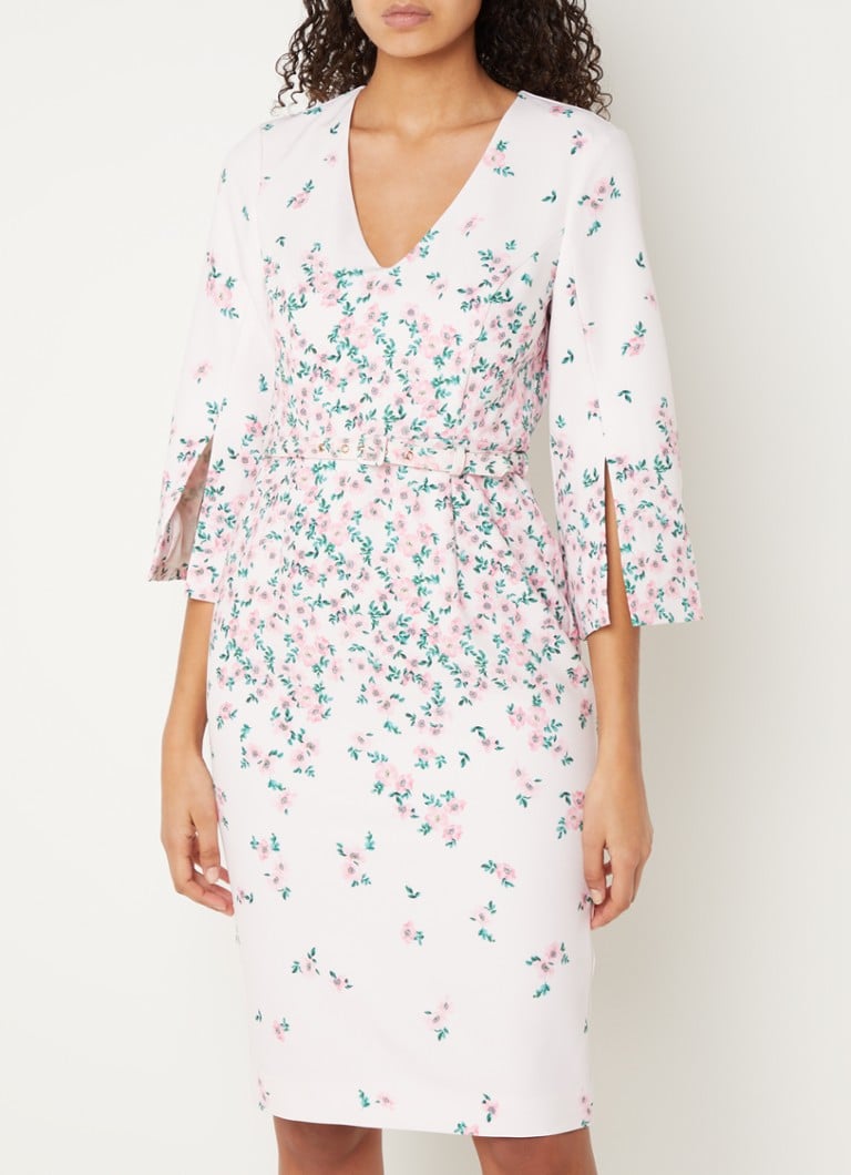 Phase Eight Giovanna midi jurk met bloemenprint en ceintuur • Lichtroze ...