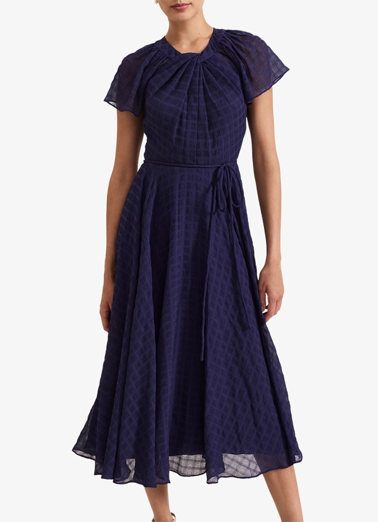 Phase Eight Gwen midi jurk met structuur en strikceintuur • Donkerblauw ...