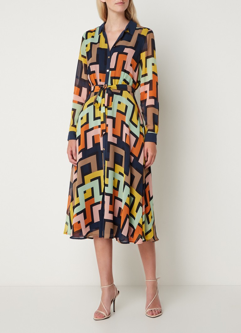 Phase Eight Milano midi blousejurk met colour blocking en strikceintuur ...