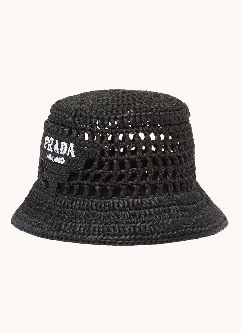 Prada Raffia bucket hoed met logoborduring • Zwart • de Bijenkorf