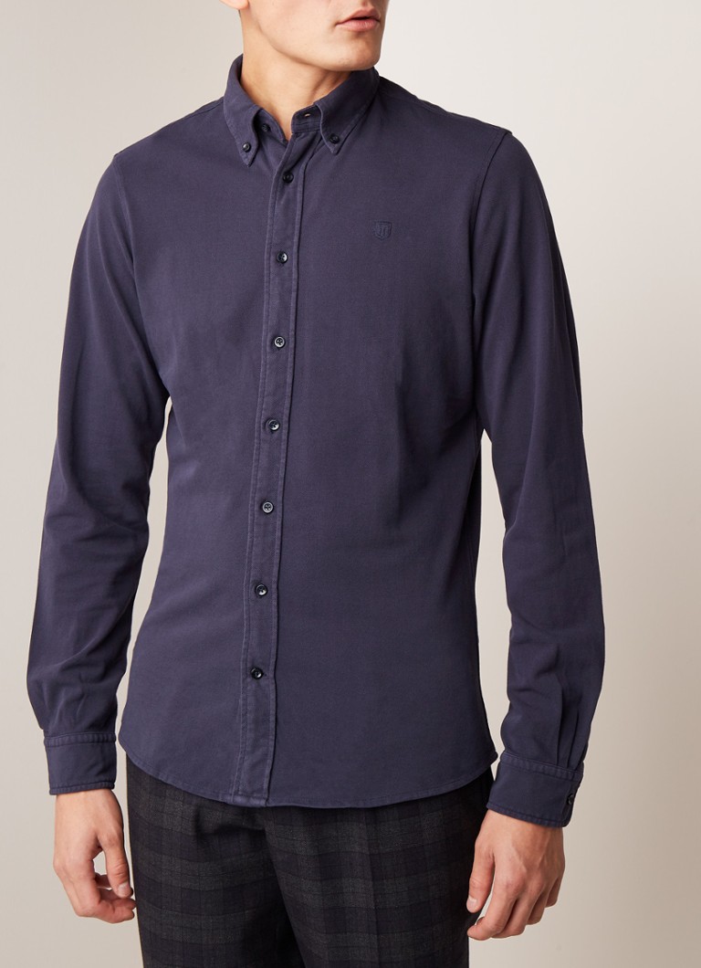 Profuomo Slim fit button down-overhemd van piqué katoen • Donkerblauw ...