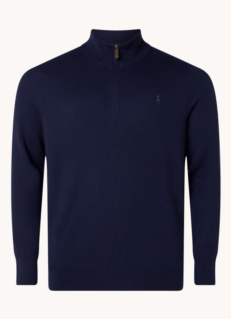 Ralph Lauren Fijngebreide Trui Van Wol Met Halve Rits • Donkerblauw