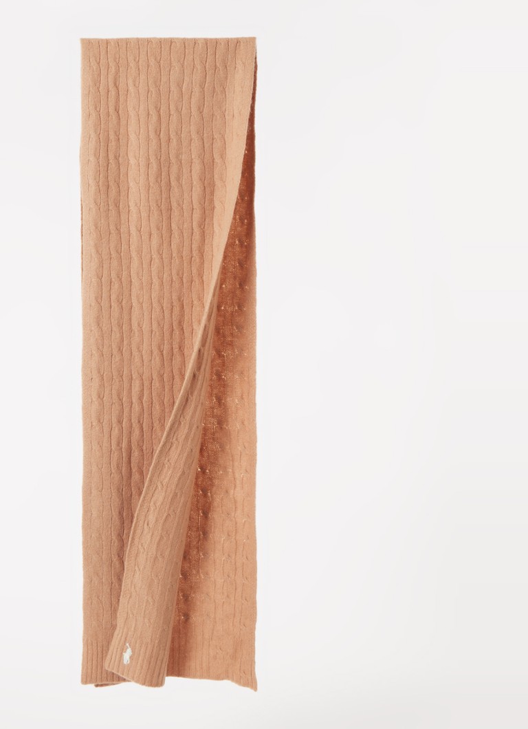 Ralph Lauren Kabelgebreide sjaal in kasjmierblend met logoborduring 110 x 30 cm • Camel • de ...
