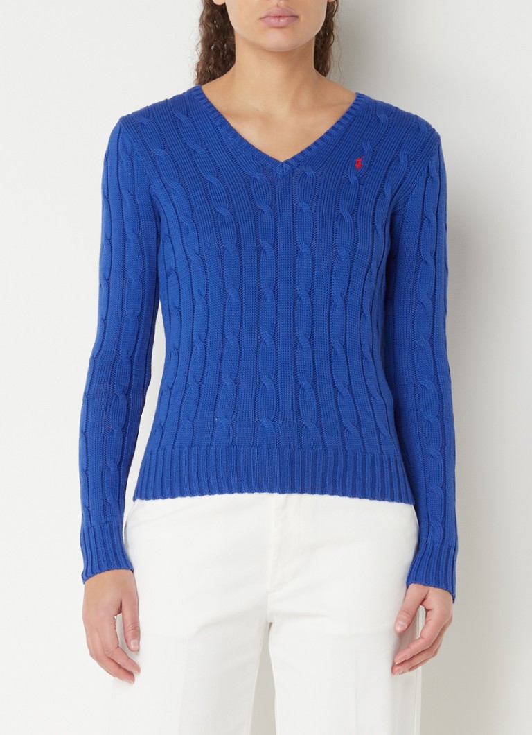 Ralph Lauren Kabelgebreide trui met V-hals • Kobaltblauw • de Bijenkorf