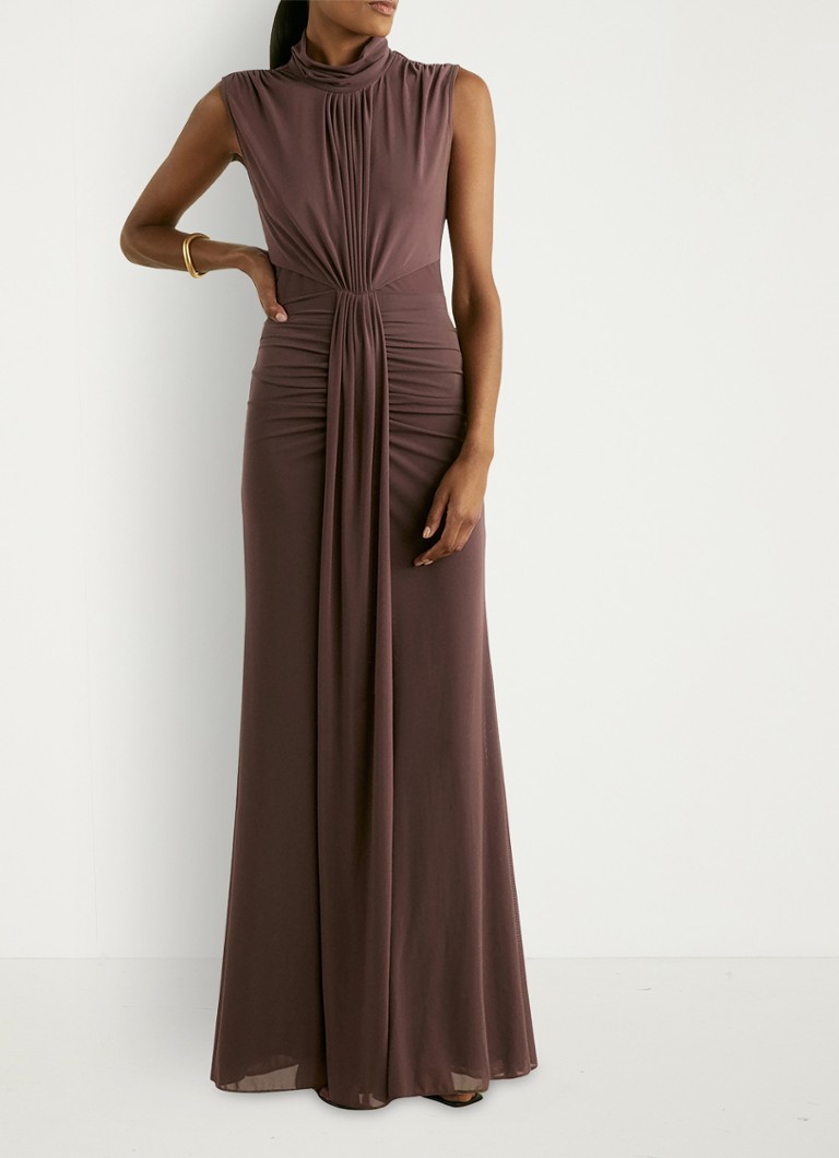 Reiss Daniella maxi jurk met halve col en plooidetail • Bruin • de Bijenkorf