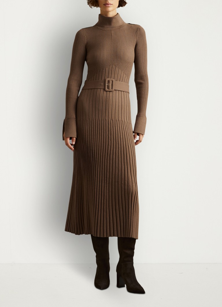 Reiss Vinette ribgebreide midi jurk met ceintuur • Hazelnootbruin • de Bijenkorf