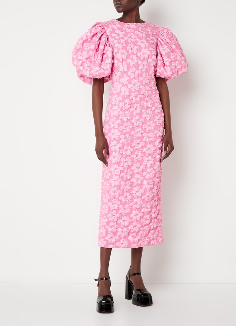 ROTATE Ruby midi jurk met jacquard bloemendessin en pofmouw • Roze • de Bijenkorf