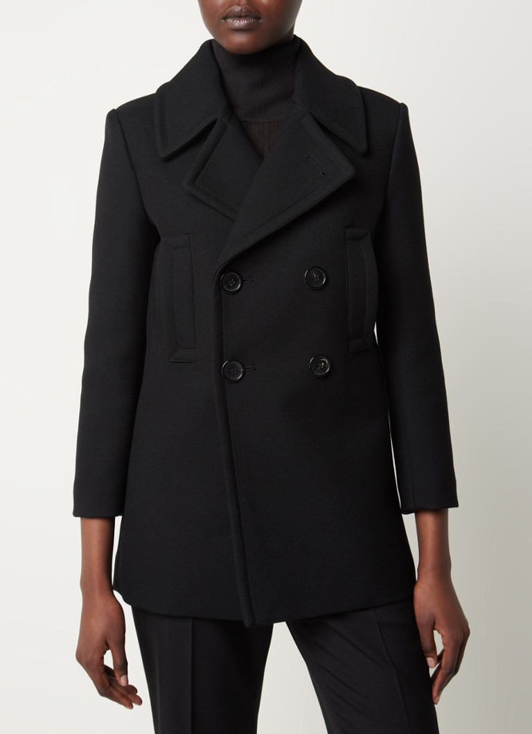 Saint Laurent Double-breasted mantel van wol met steekzakken • Zwart ...