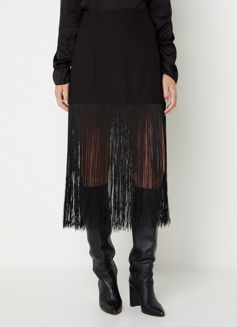 Second Female Fringe midi rok met franjes • Zwart • de Bijenkorf