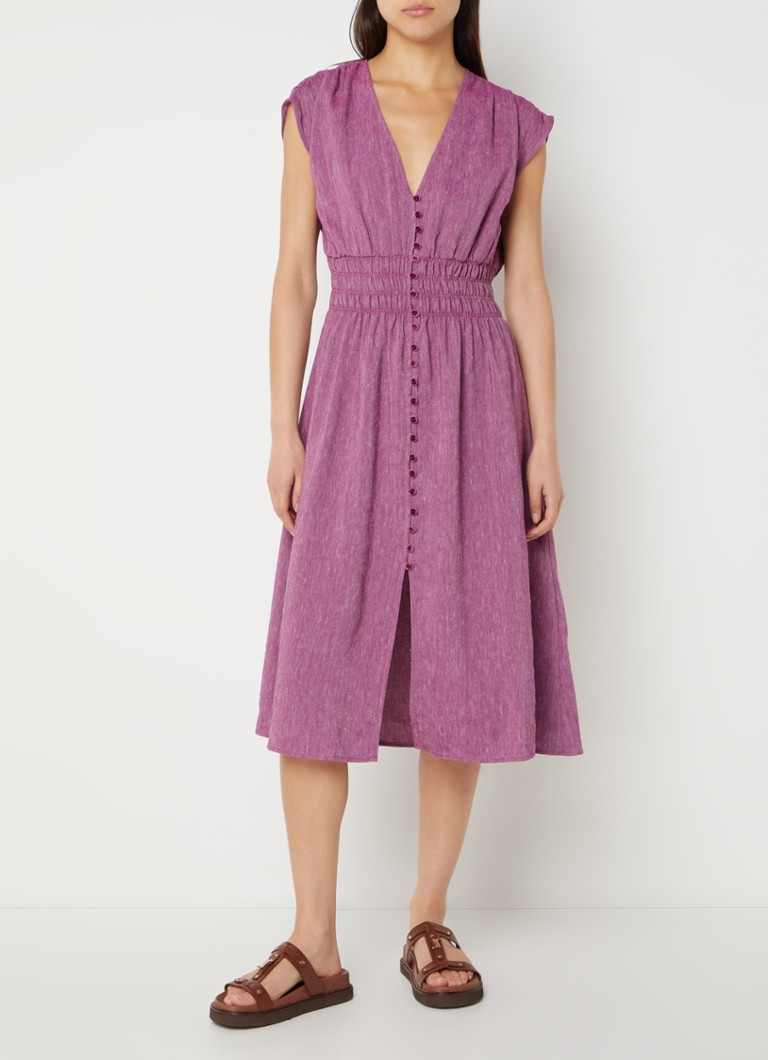 Sessùn Galaday midi blousejurk in linnenblend met smockwerk • Paars • de Bijenkorf
