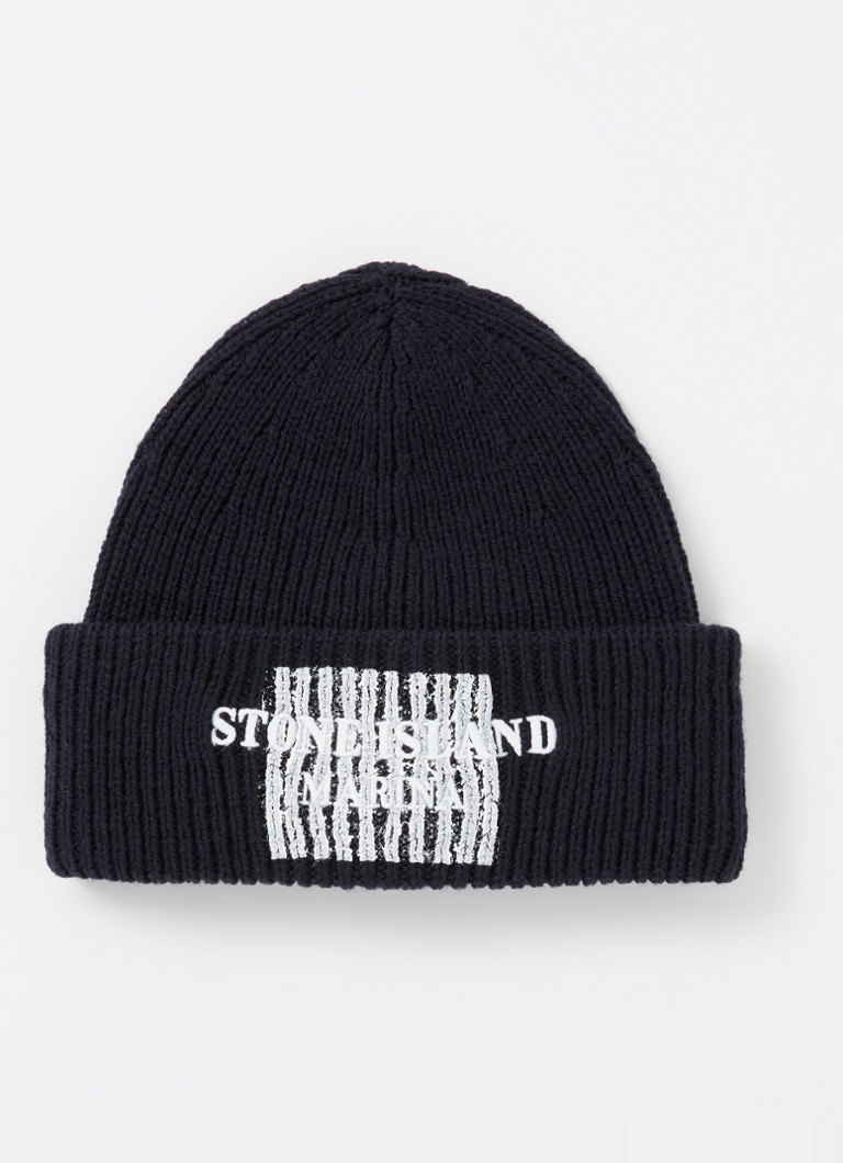 Stone Island N01XC ribgebreide muts van scheerwol met logo • Blauw • de ...