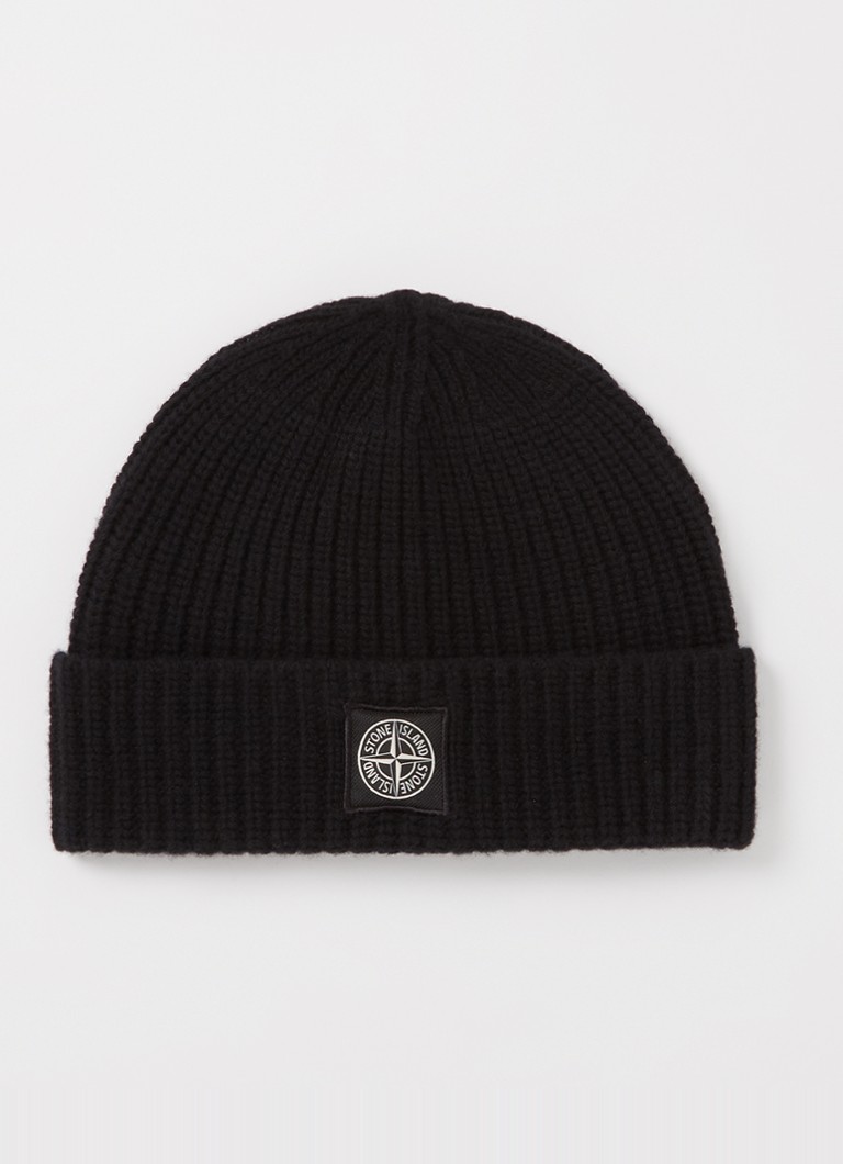 Stone Island N10B5 ribgebreide muts van wol met logo • Zwart • de Bijenkorf