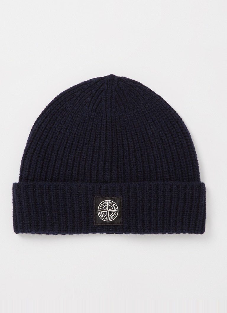 Stone Island N10B5 ribgebreide muts van wol met logo • Blauw • de Bijenkorf