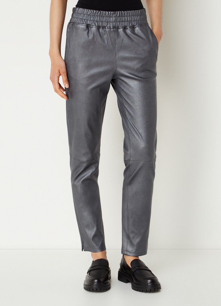 STUDIO AR Noa mid waist straight fit broek van lamsleer met stretch • Donkergrijs • de Bijenkorf