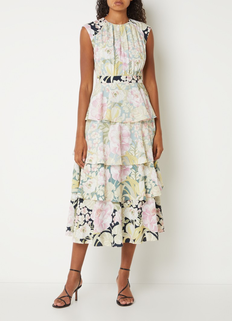 Ted Baker Mireile midi jurk met bloemenprint en volant • Lindegroen • de Bijenkorf