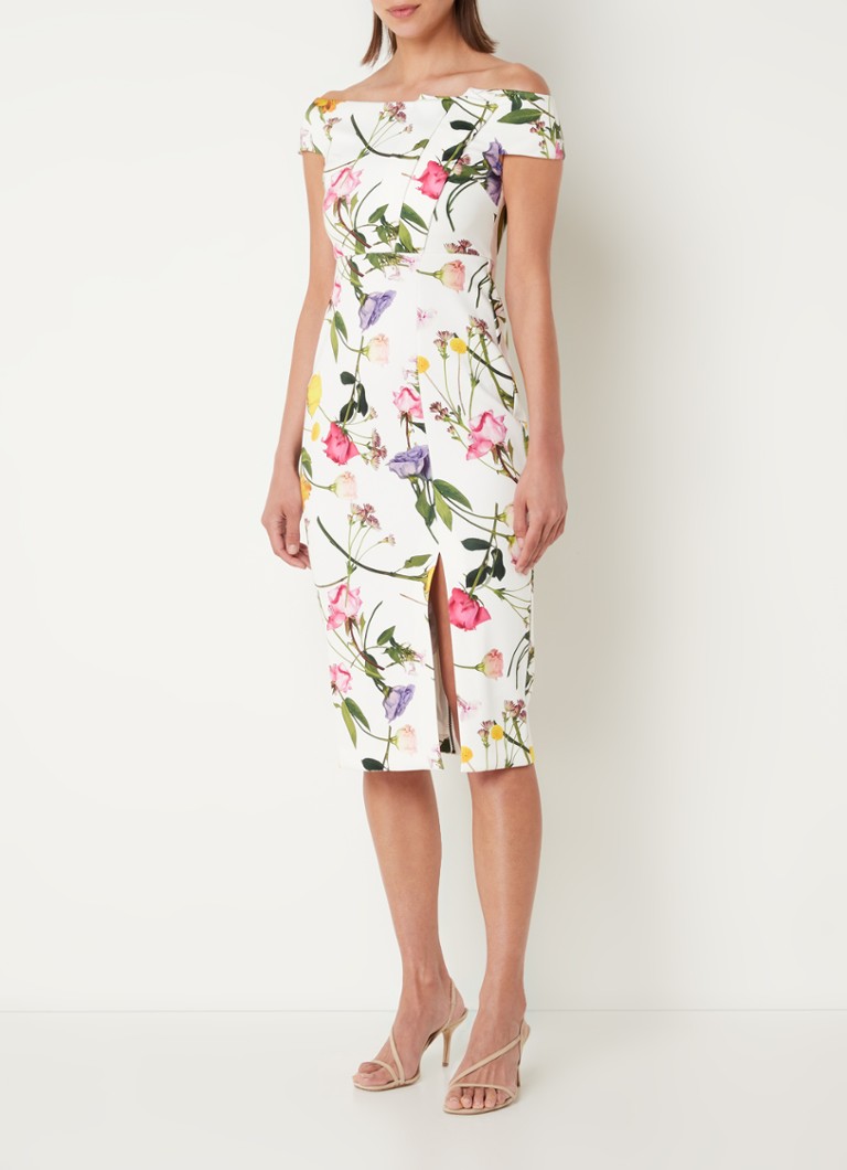 Ted Baker Off shoulder midi jurk met bloemenprint en split • Gebroken wit • de Bijenkorf