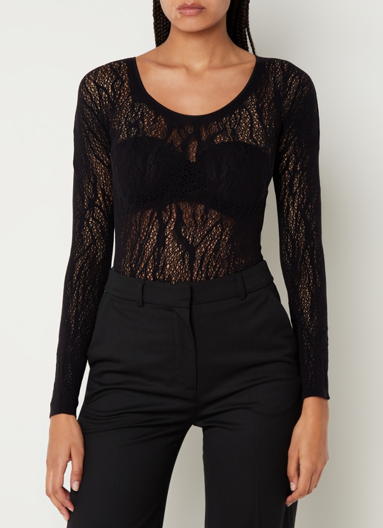 Wolford Semi-transparante stringbody van kant met slangenprint • Zwart ...
