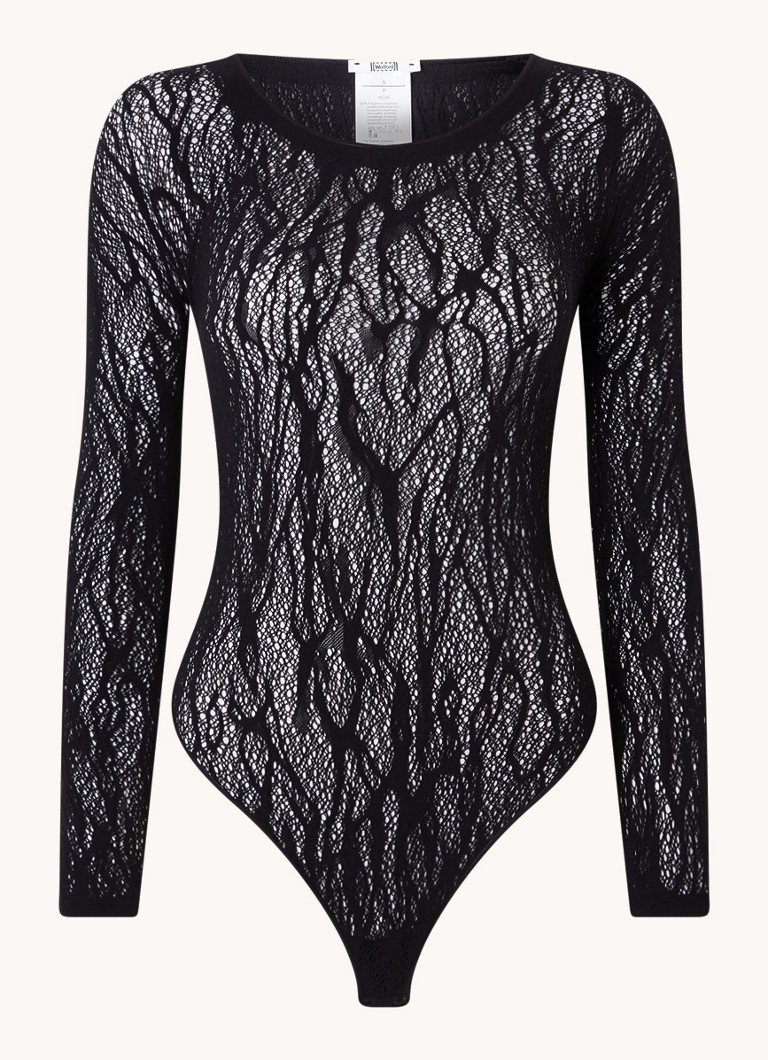 Wolford Semi-transparante stringbody van kant met slangenprint • Zwart ...