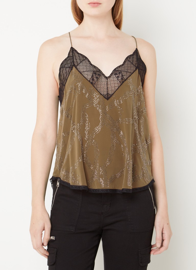 Zadig&Voltaire Christy spaghetti top van zijde met kant en strass-decoratie • Bruin • de Bijenkorf