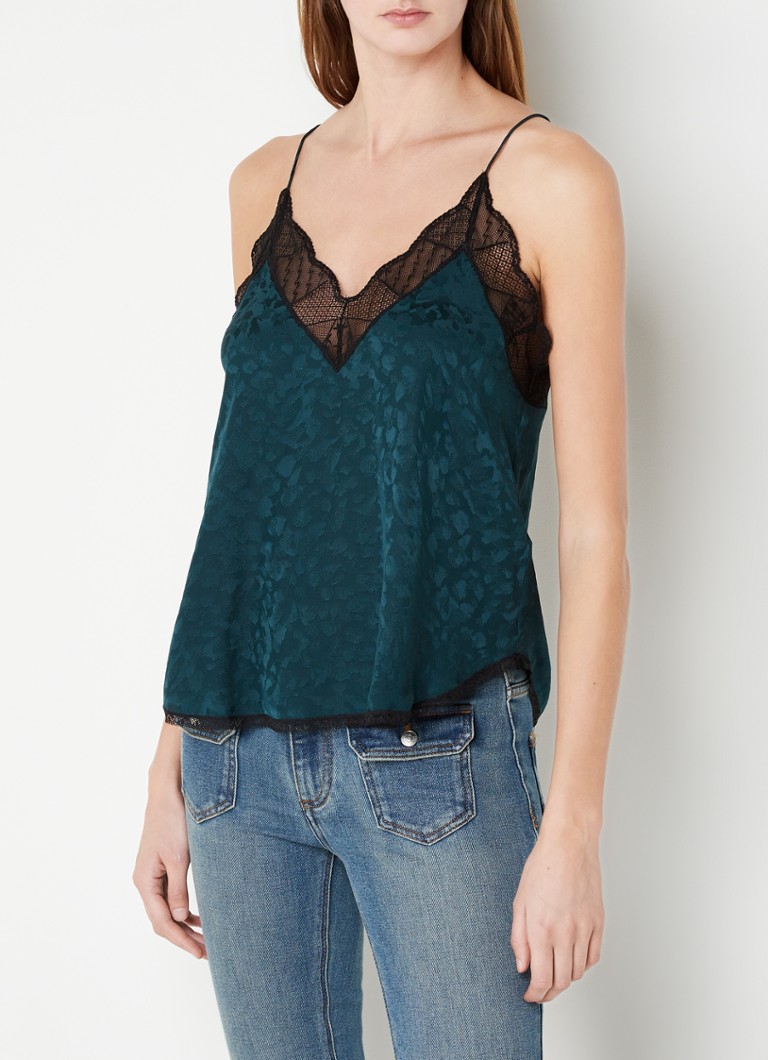 Zadig&Voltaire Christy spaghetti top van zijde met kant • Petrol • de Bijenkorf