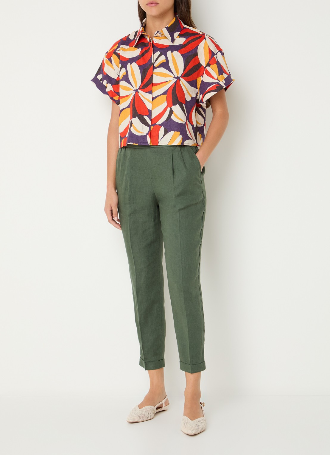 Benetton High waist cropped tapered fit pantalon van linnen ...