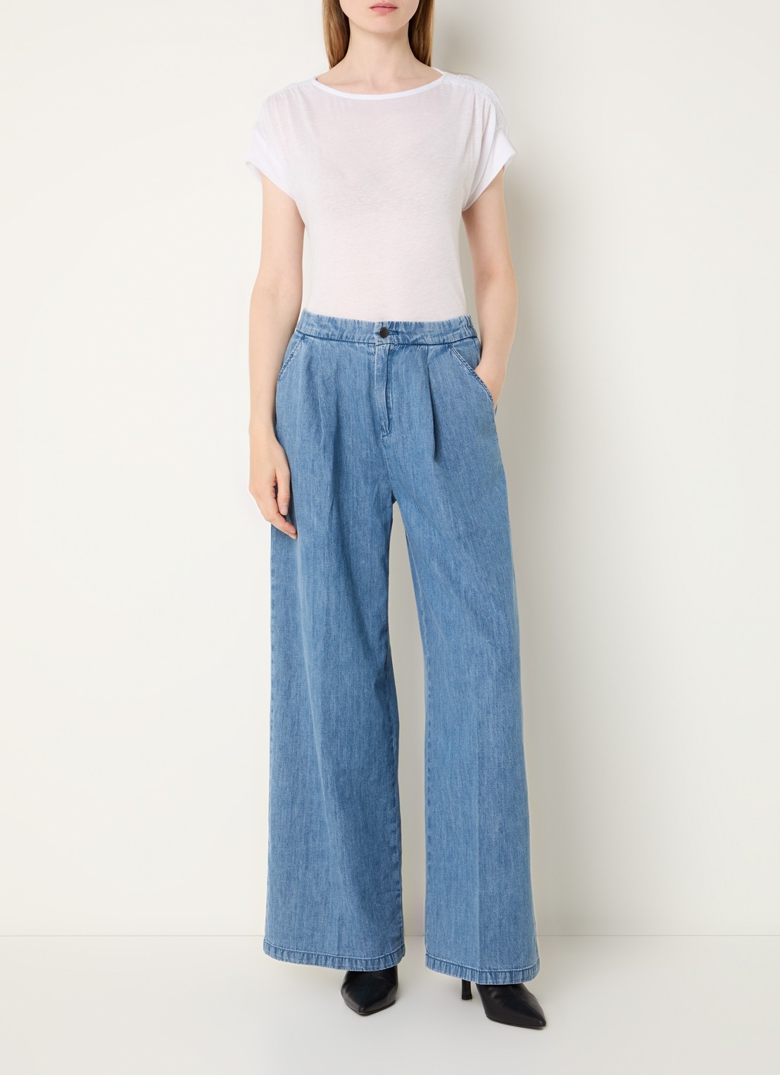 Benetton High waist wide fit broek van chambray met plooidetail ...