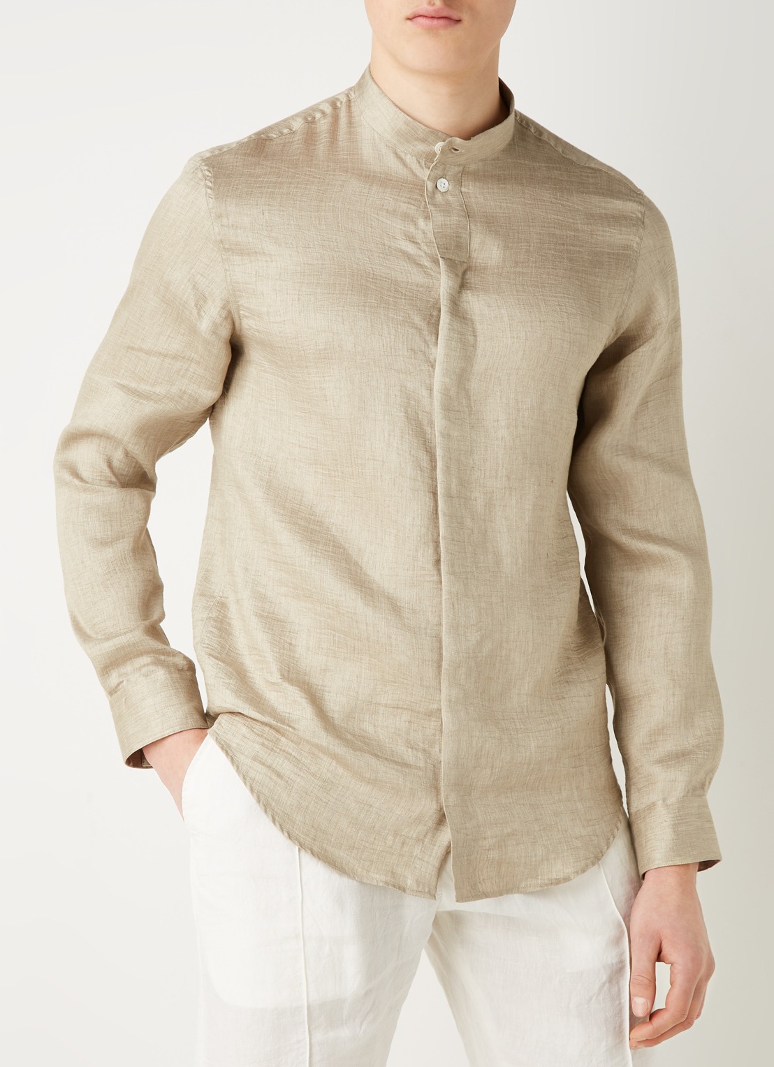 Emporio Armani Regular fit overhemd in linnenblend met mao-kraag ...