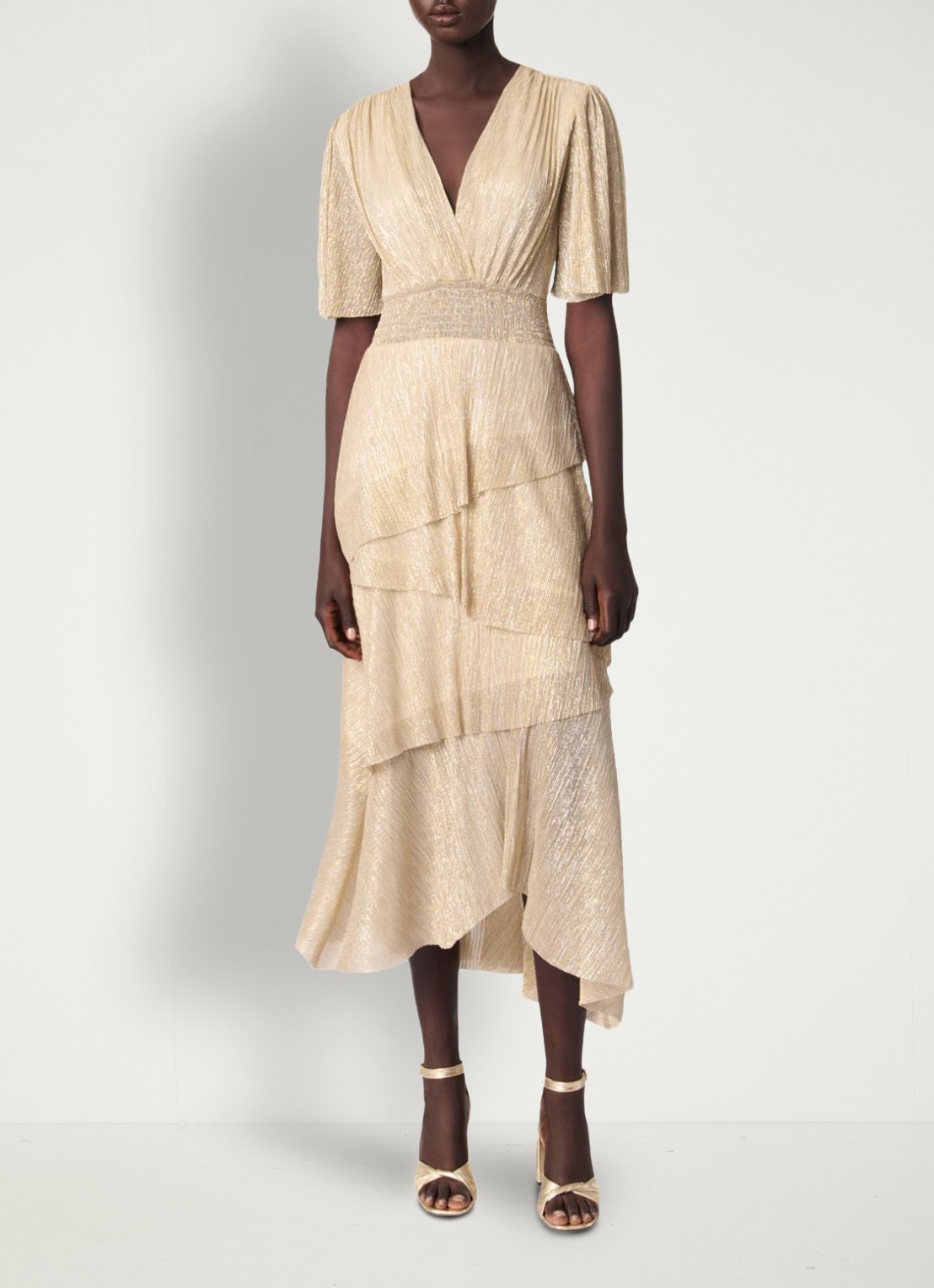 Maje Maxi jurk met metallic finish en volant • Goud • de Bijenkorf