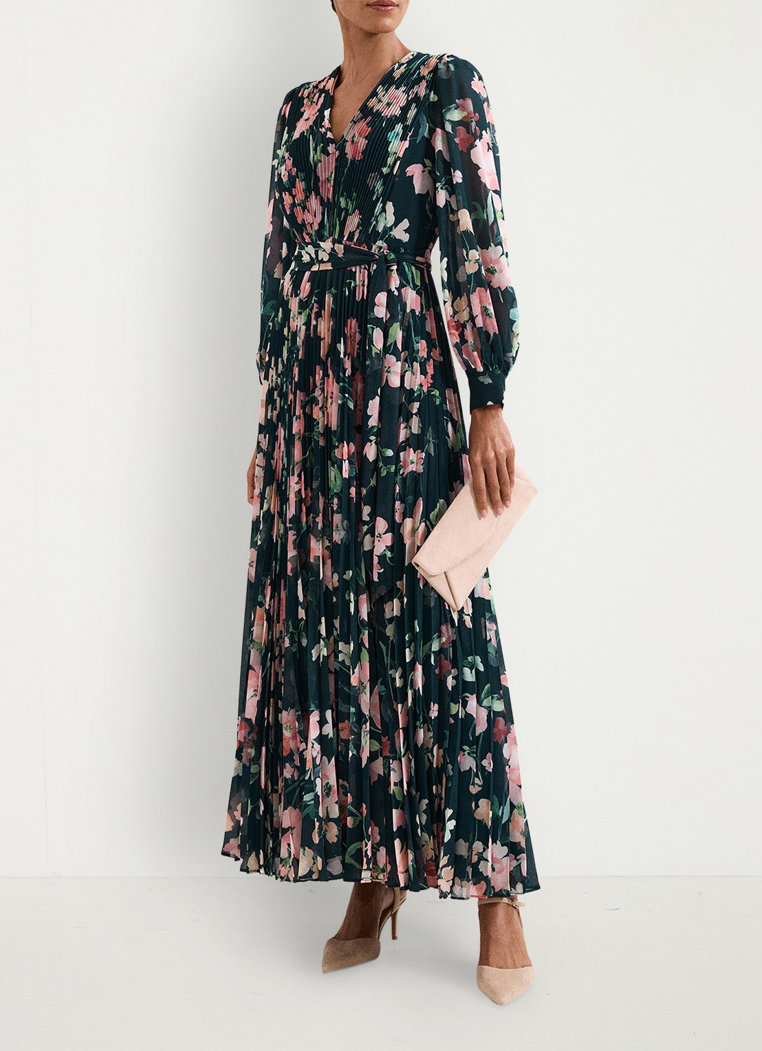 Phase Eight Petite Rosa maxi jurk met plooien en print • Donkergroen ...