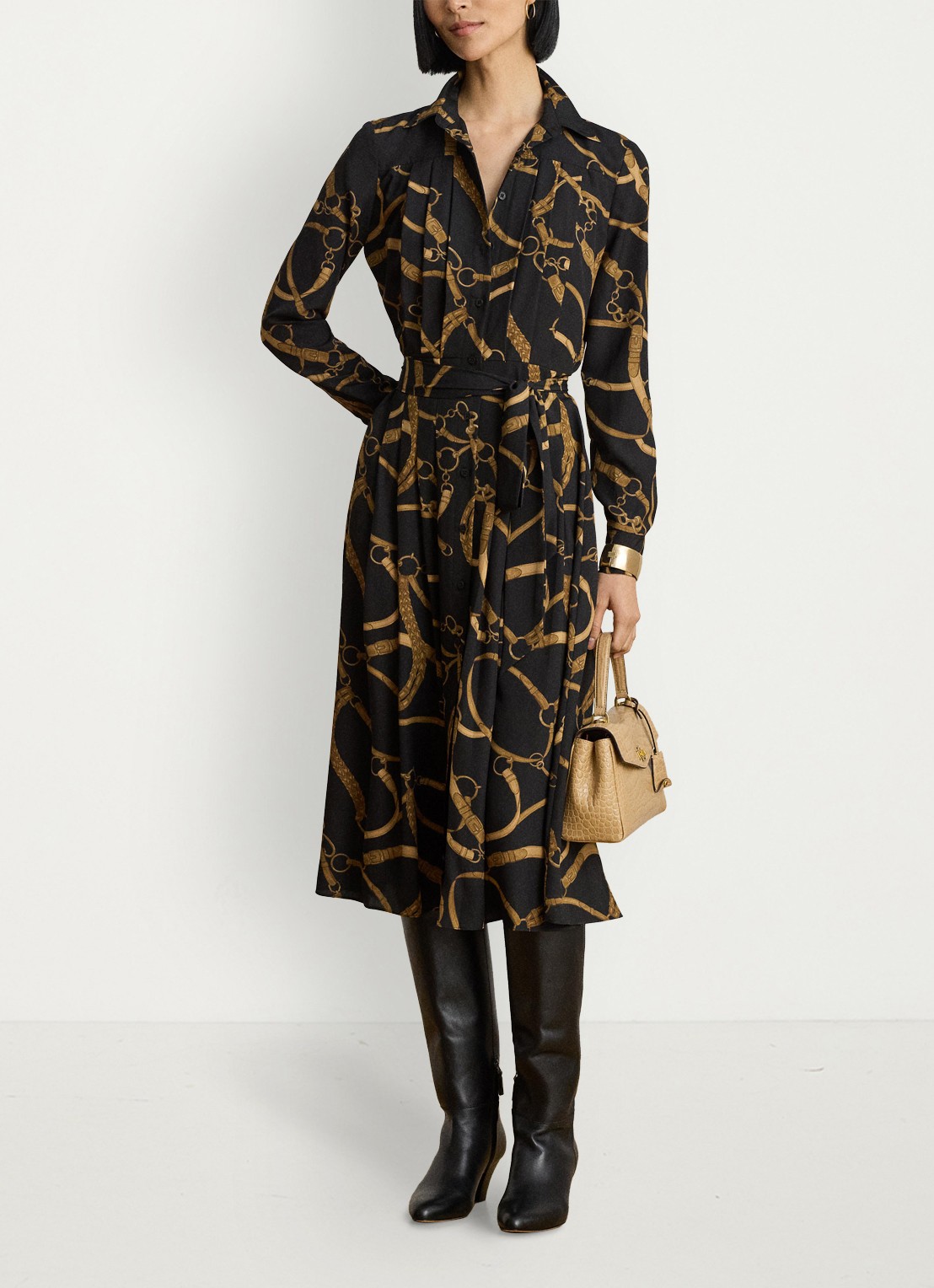 Ralph Lauren Midi blousejurk met print en strikceintuur • Birch Tan ...