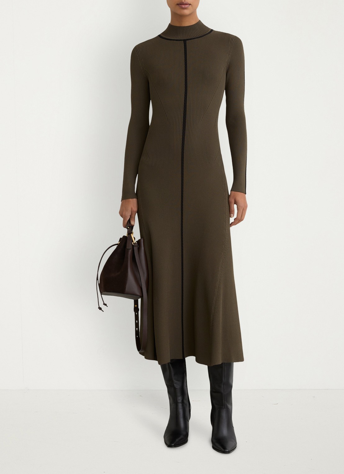 Reiss Polly midi ribgebreide jurk met opstaande kraag • Bronsgroen • de ...